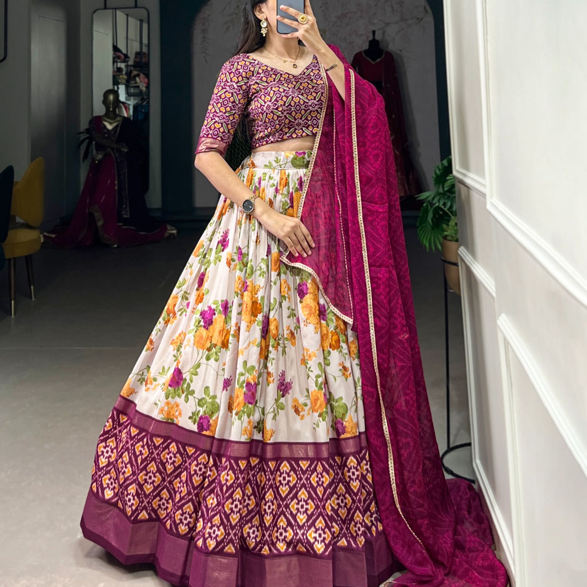 Jinal Tussar Silk Dark Pink Dhavani Set | Langa Davani Set | Half-Sare ...