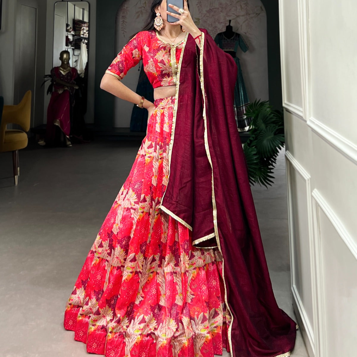 Rekha Tussar Silk Dark Pink Dhavani Set | Langa Davani Set | Shoppers ...