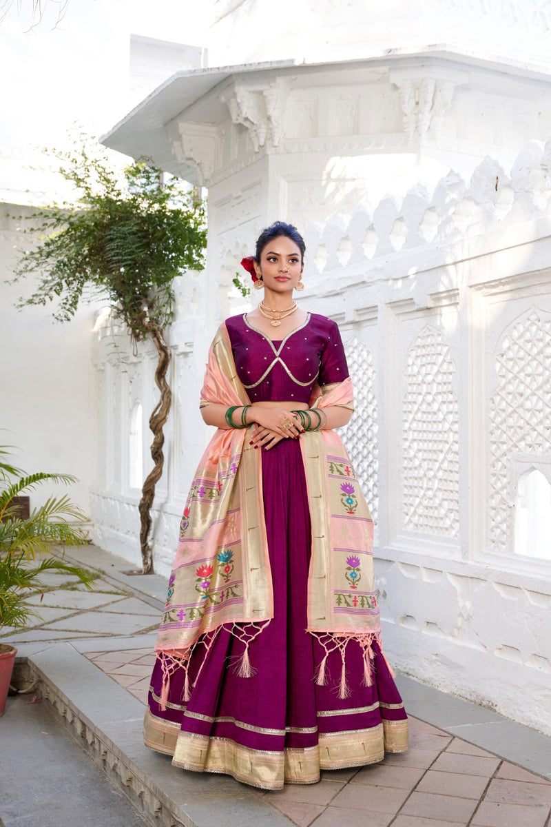 Hitaxi Vichitra Silk Wine Dhavani Set | Langa Voni / Half Saree | Shop ...