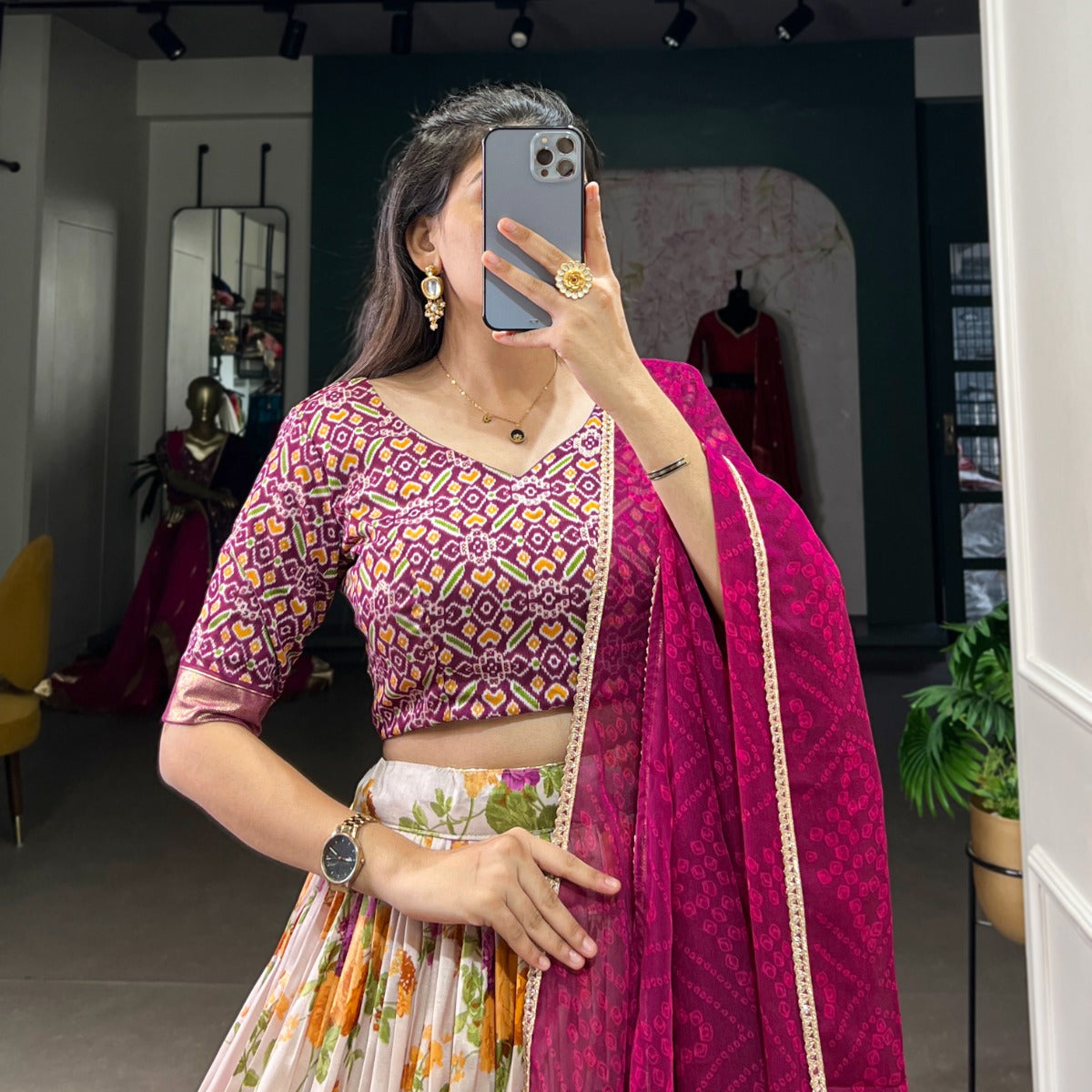 Jinal Tussar Silk Dark Pink Dhavani Set | Langa Davani Set | Half-Sare ...